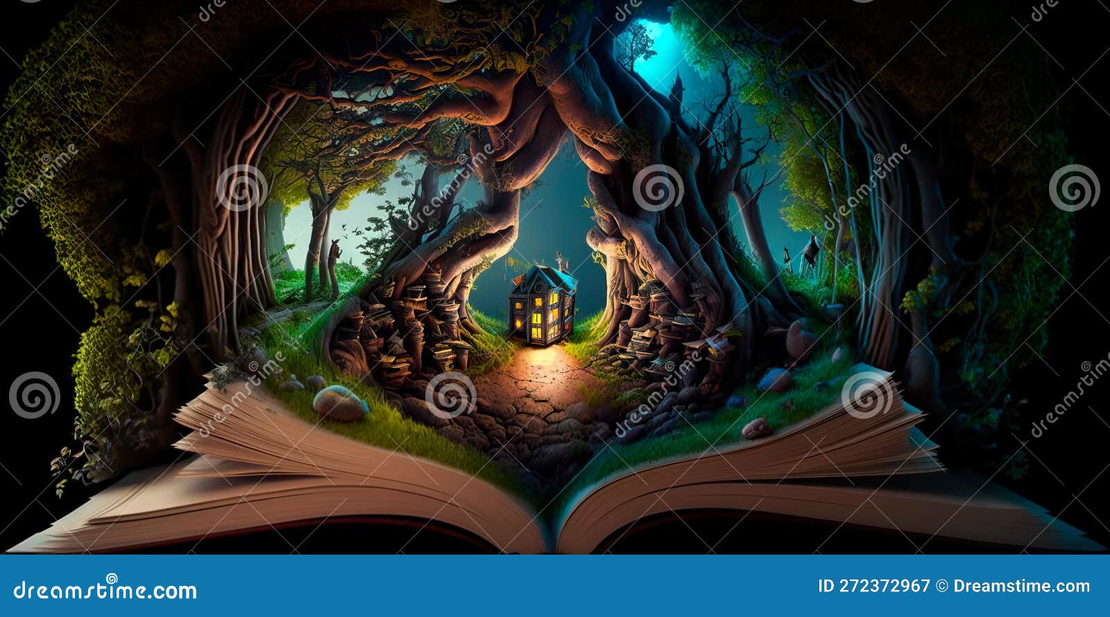 Magical Forest with a Book Hidden in a Tree Stump Generative AI Stock ...