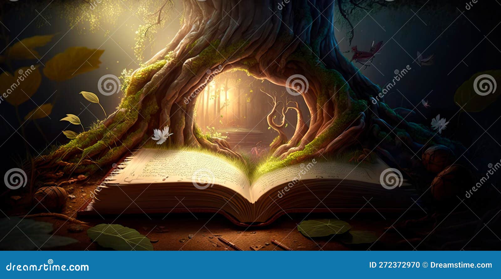 Magical Forest with a Book Hidden in a Tree Stump Generative AI Stock ...