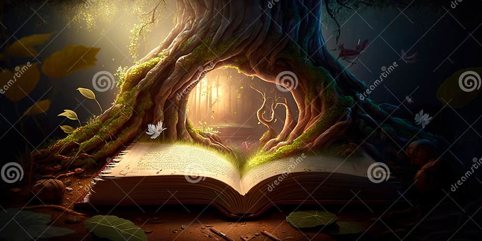 Magical Forest with a Book Hidden in a Tree Stump Generative AI Stock ...