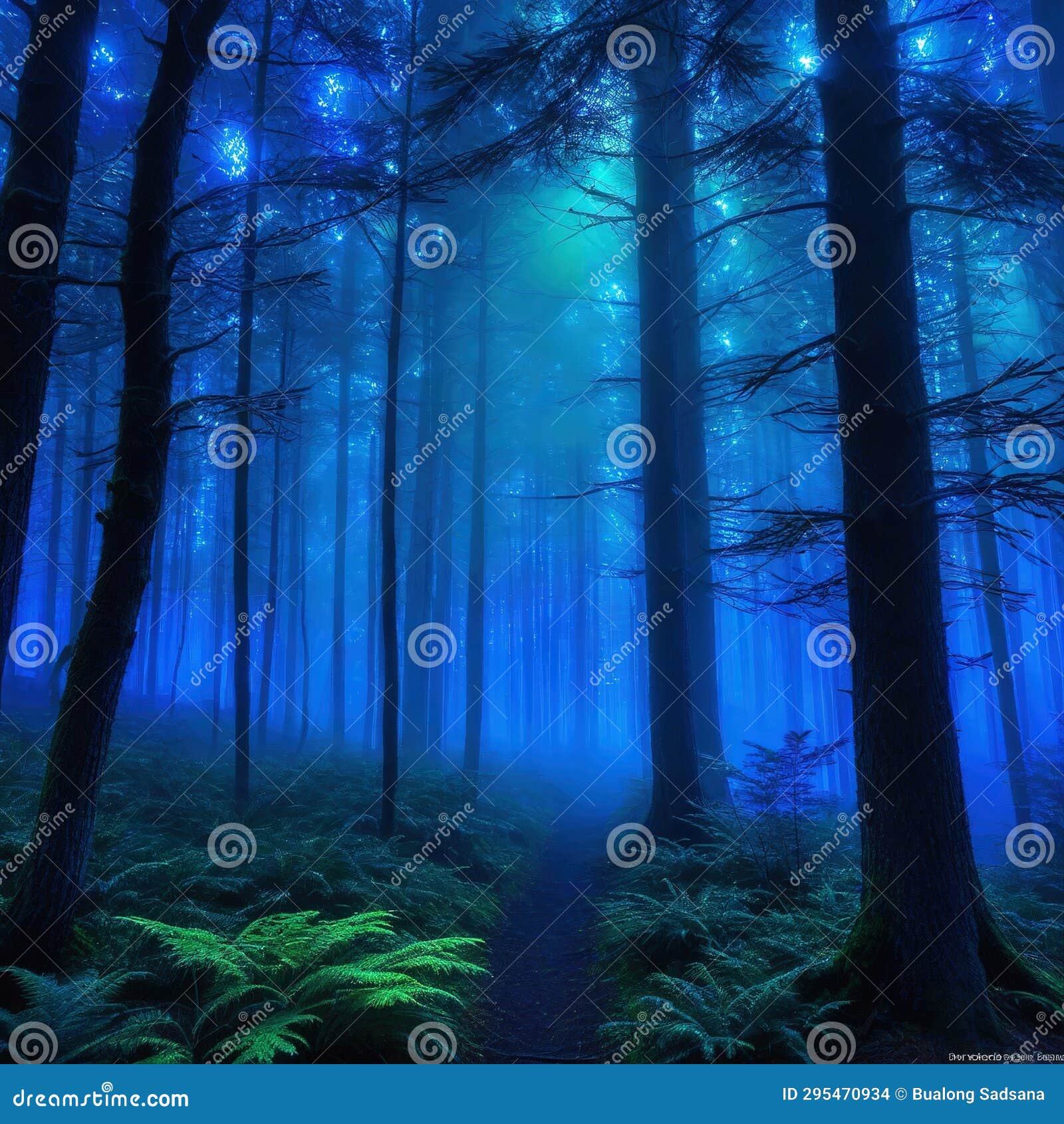 Magical Forest with Bright Neon Blue Lights Stock Illustration ...
