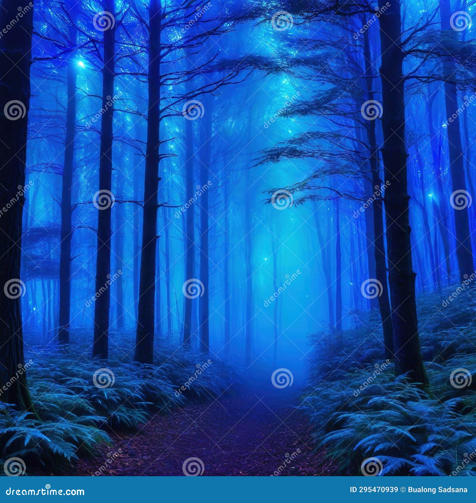 Magical Forest with Bright Neon Blue Lights Stock Illustration ...