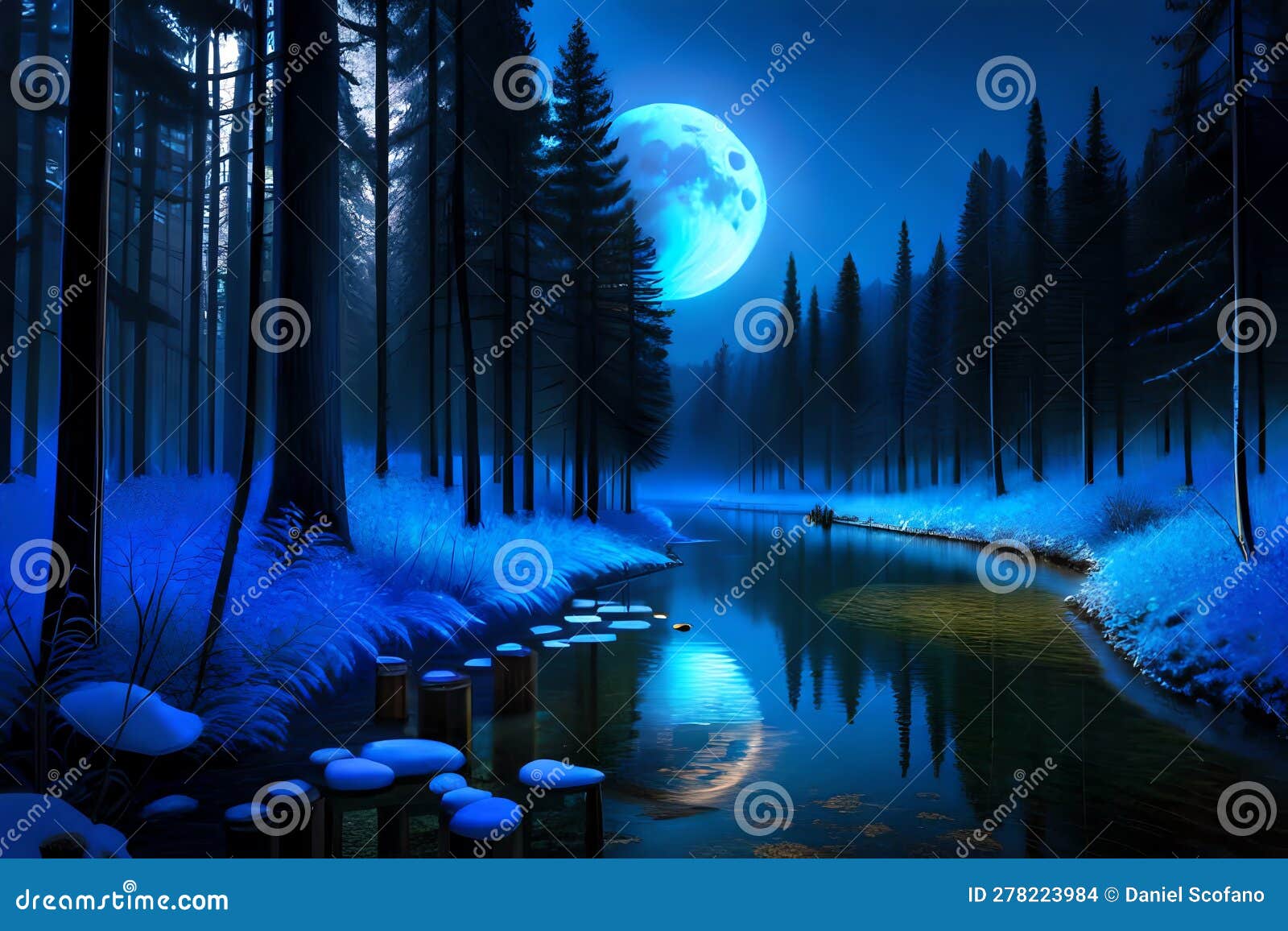 A Magical Forest with Bright Neon Blue Lights at Night. Generative AI ...