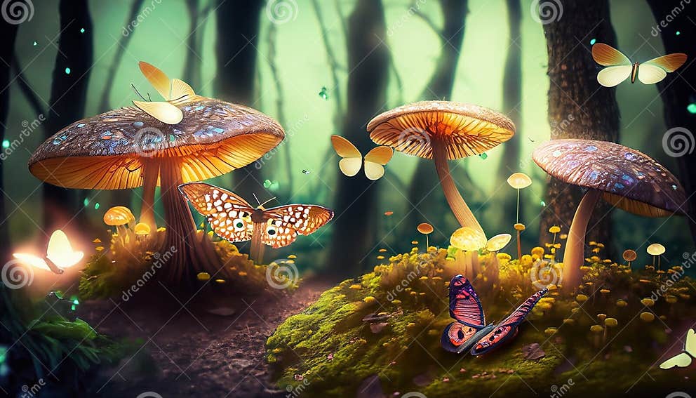 Magical Forest with Butterflies and Toadstools Suitable As Background ...
