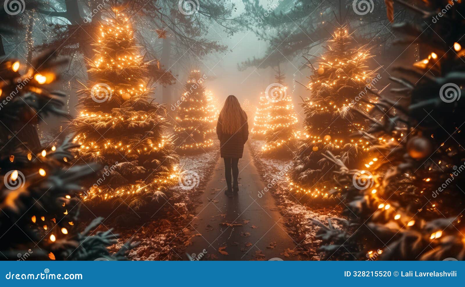 Magical Forest with Christmas Trees and Glowing Lights Stock ...
