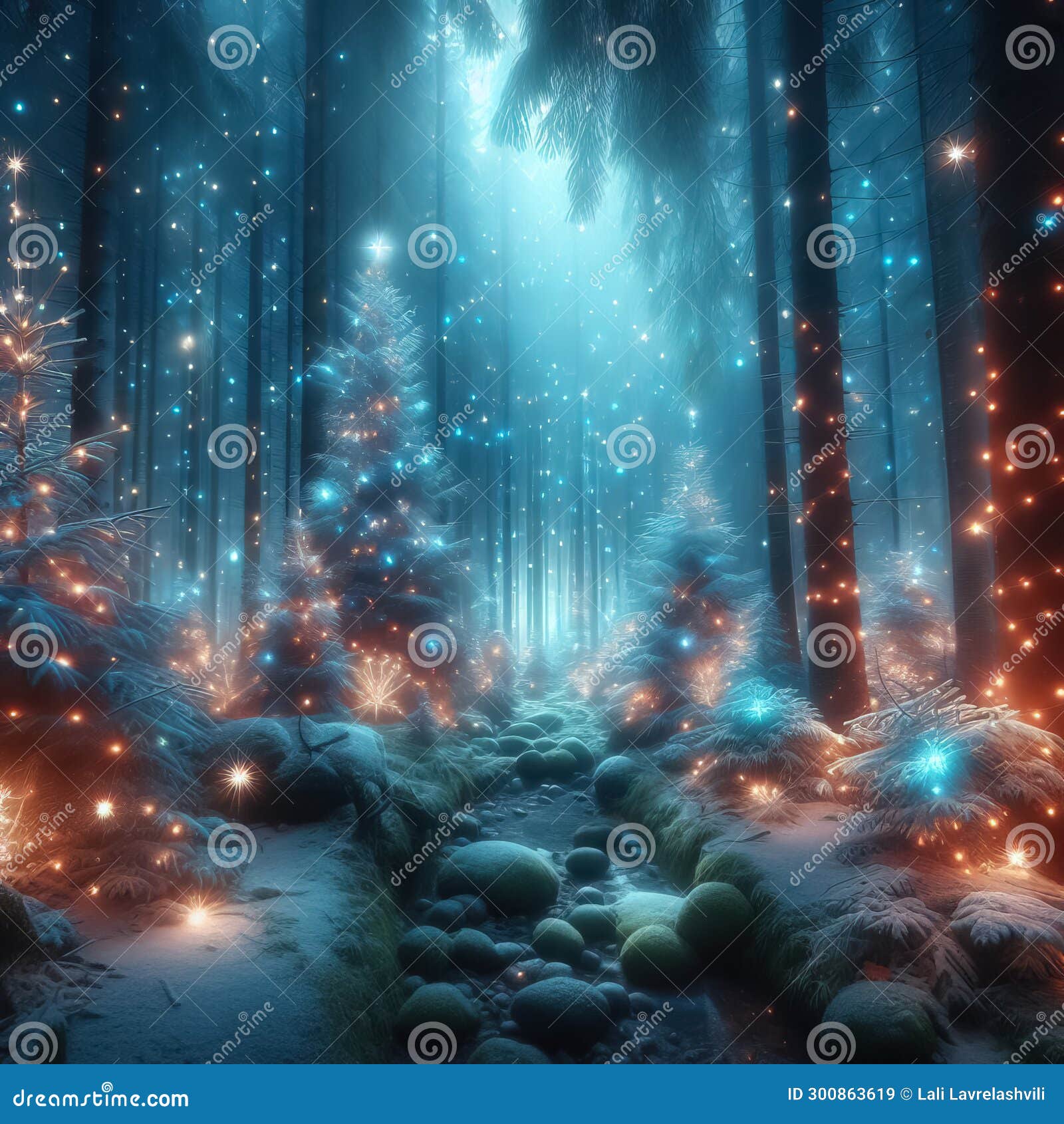 Magical Forest with Christmas Trees and Glowing Lights, Generative AI ...