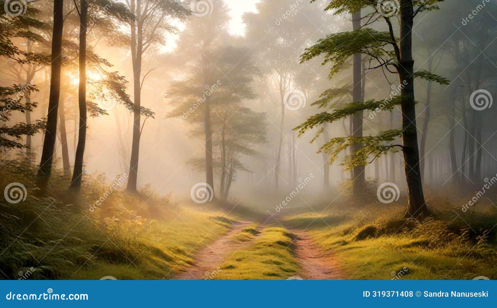 Magical Forest at Dawn with Sun Rays through Mist Stock Illustration ...