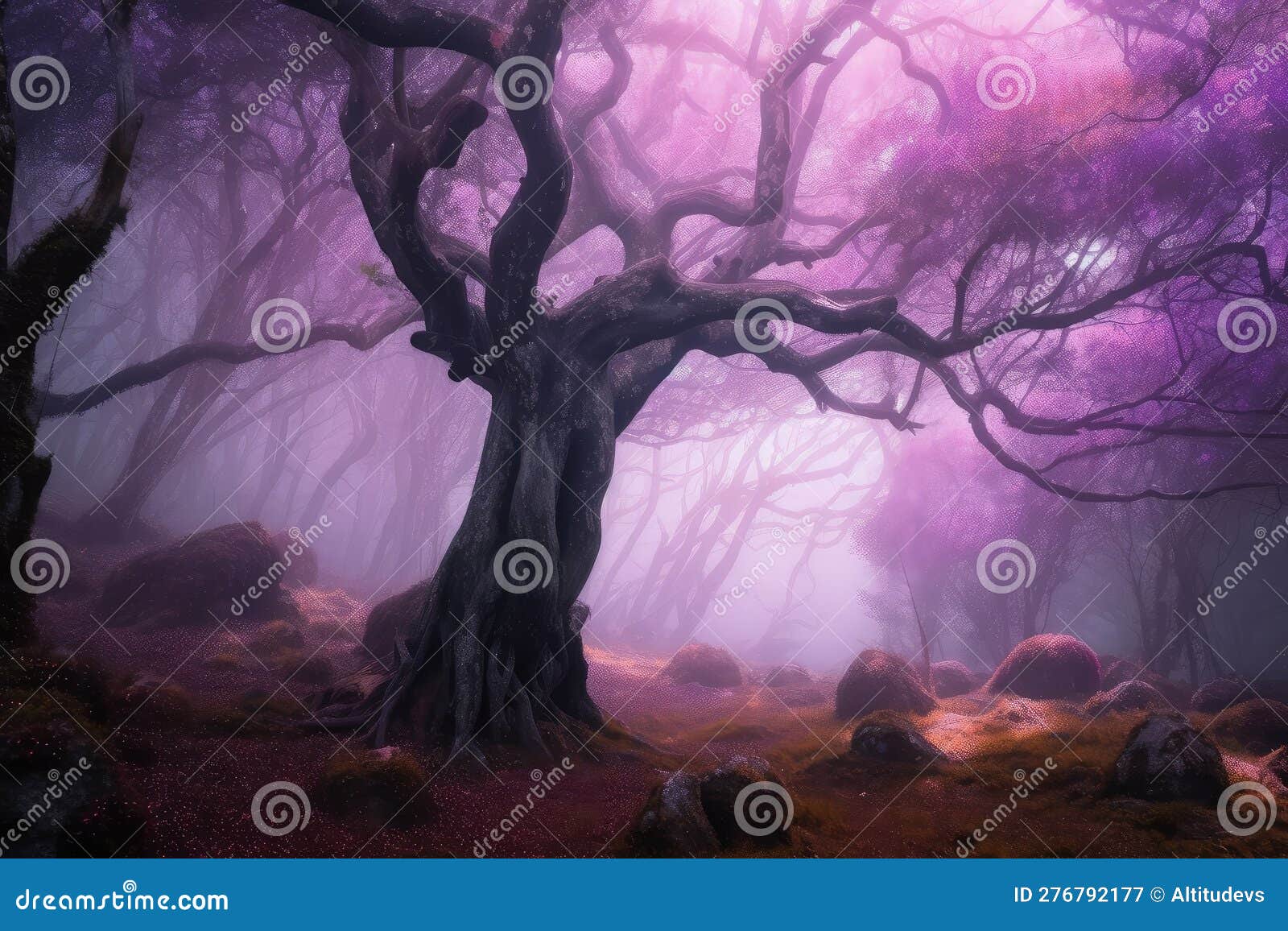 Magical Forest with Giant Tree at Its Center, Surrounded by Purple Mist ...