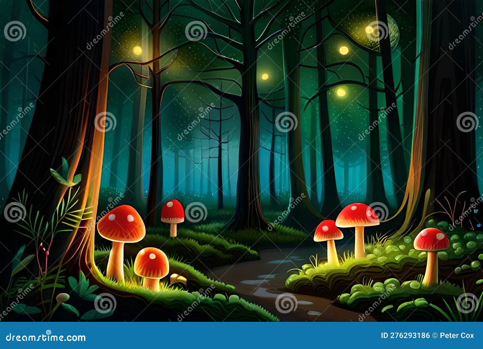 Magical Forest with Glowing Toadstools and Fireflies. Generative AI ...