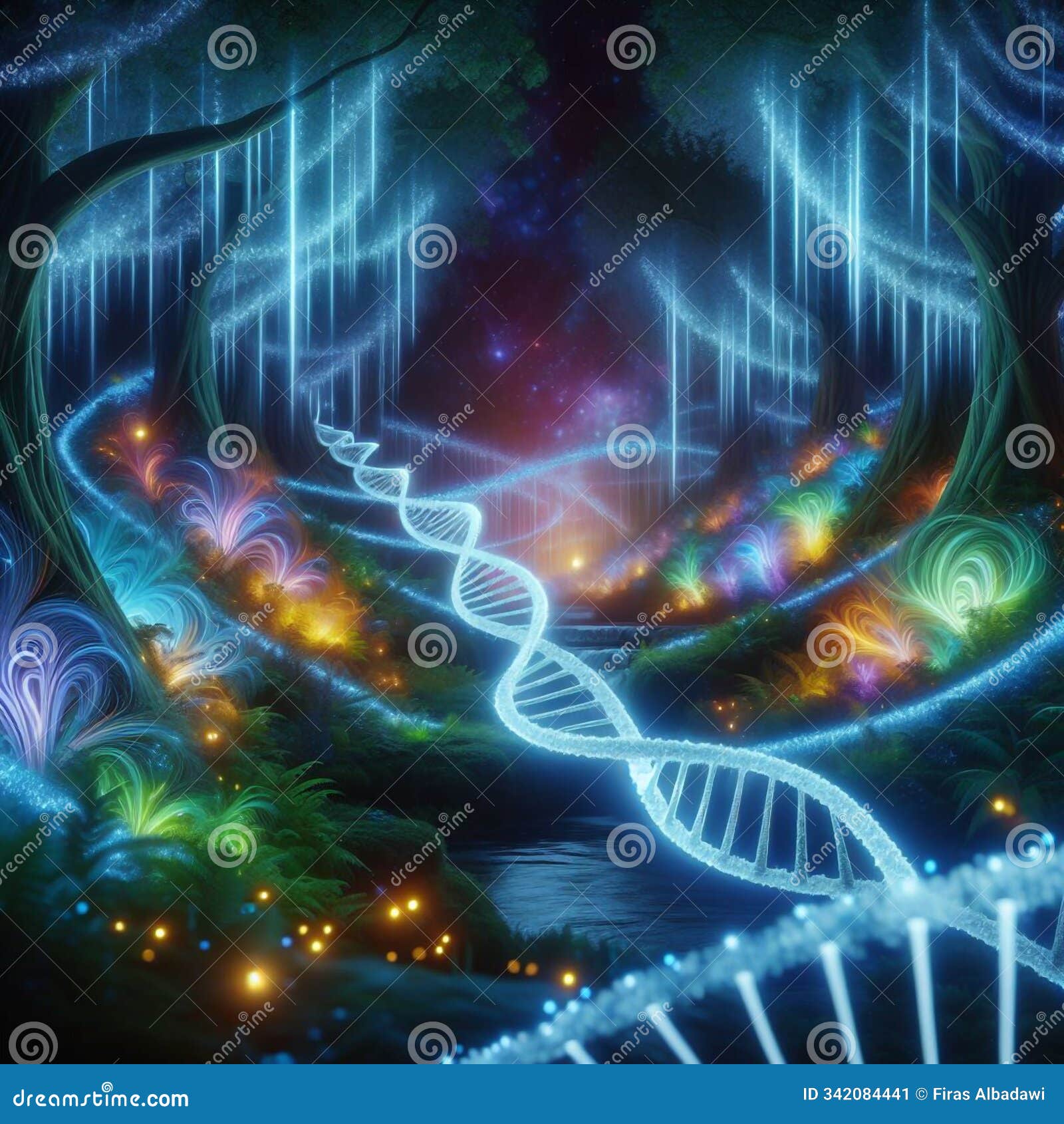 A Magical Forest with Glowing Trees, a River, and a DNA Double Helix ...