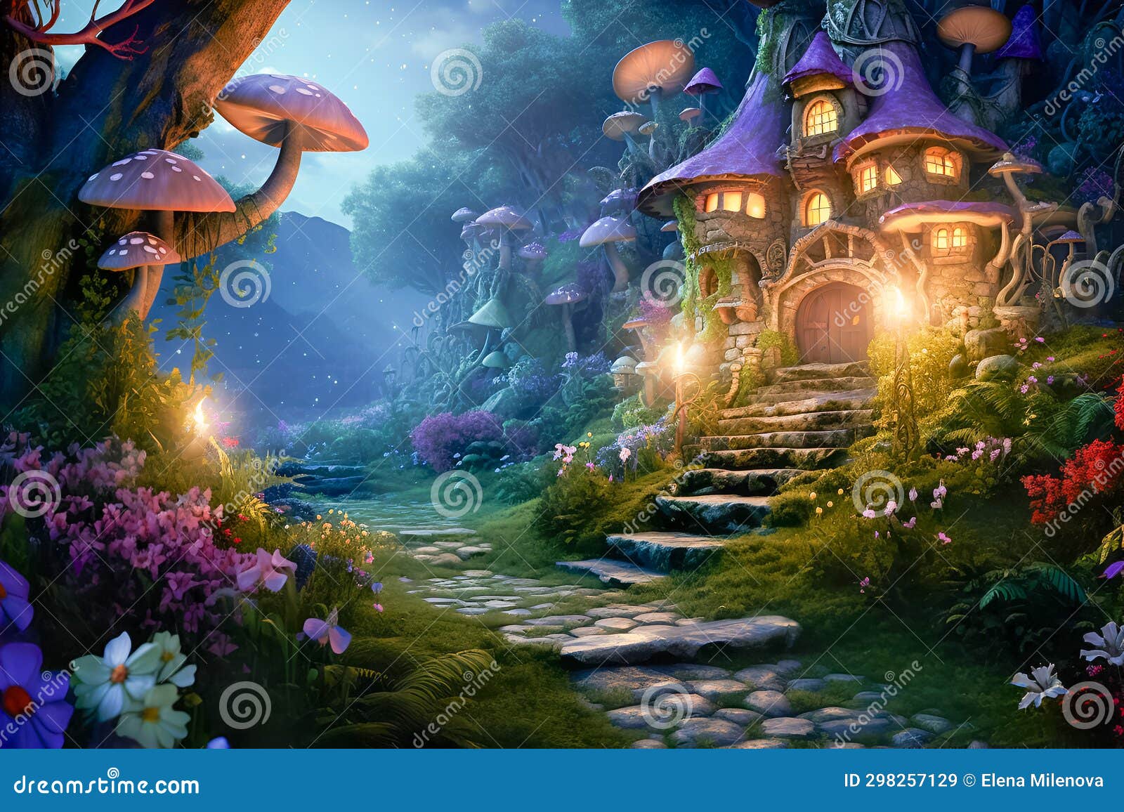 Magical forest with a hut stock image. Image of purple - 298257129
