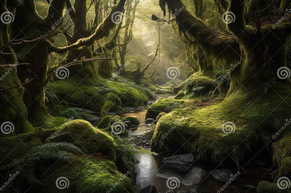Magical Forest with Moss-covered Trees and Babbling Brook Stock Photo ...