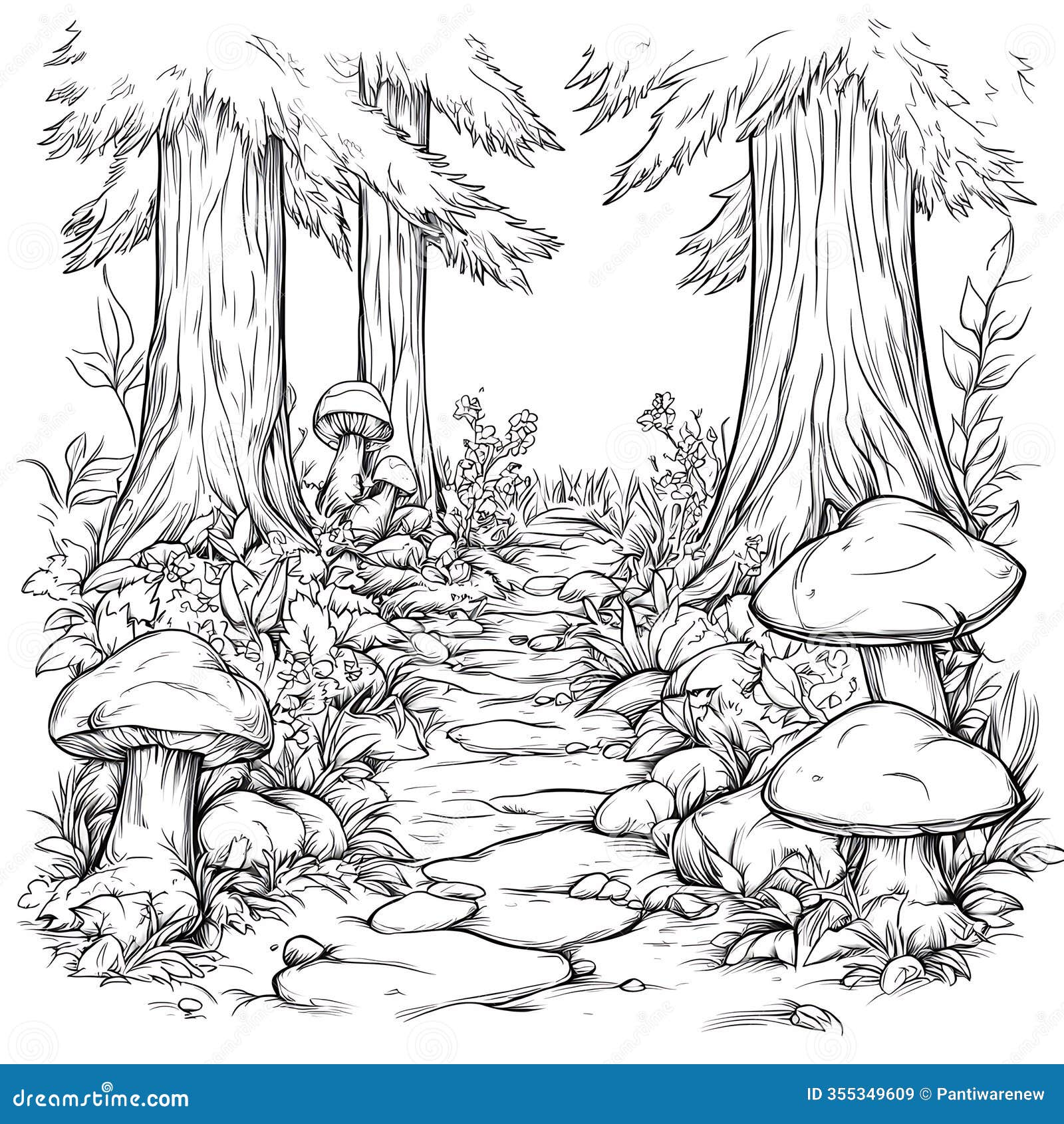 Magical Forest Path Coloring Page for Relaxation Stock Illustration ...