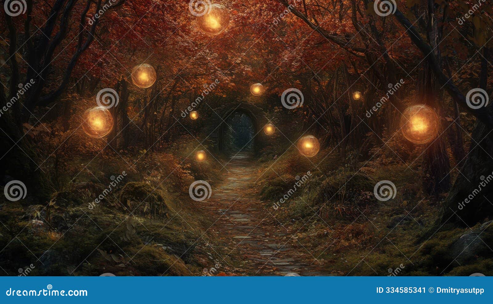 Magical Forest Path with Glowing Orbs at Dawn, Creating an Enchanting ...