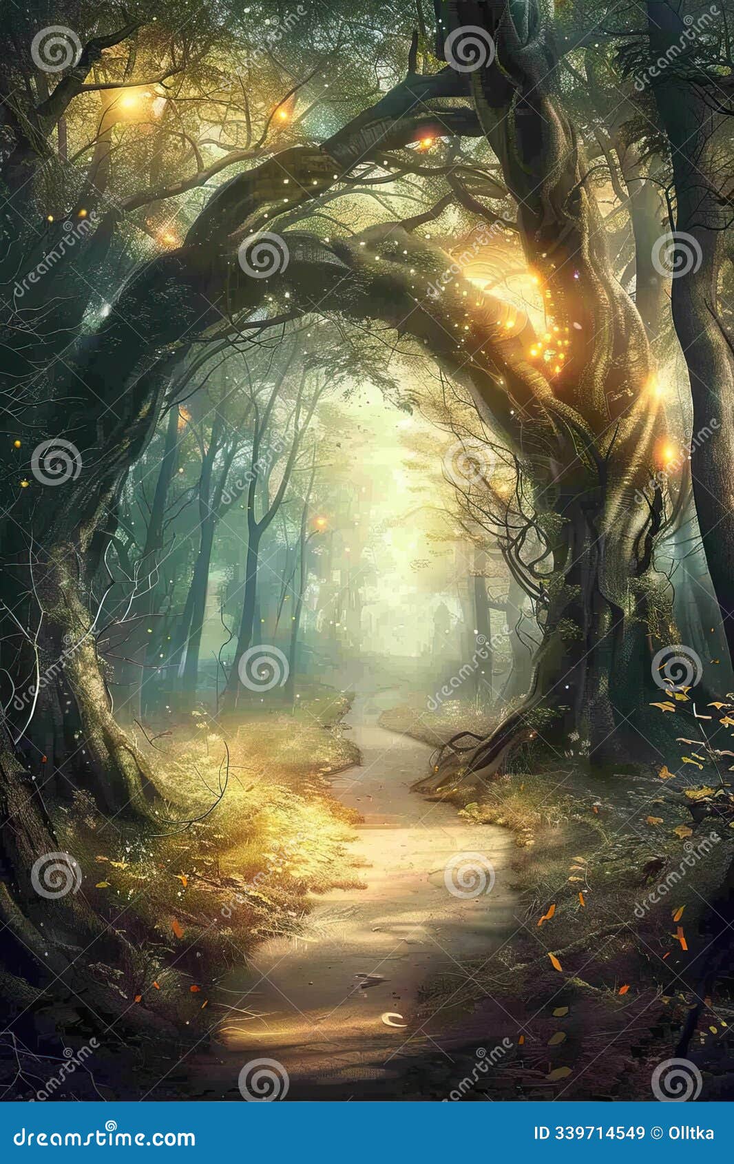A Magical Forest Path Illuminated by Glowing Lights Under Arched ...