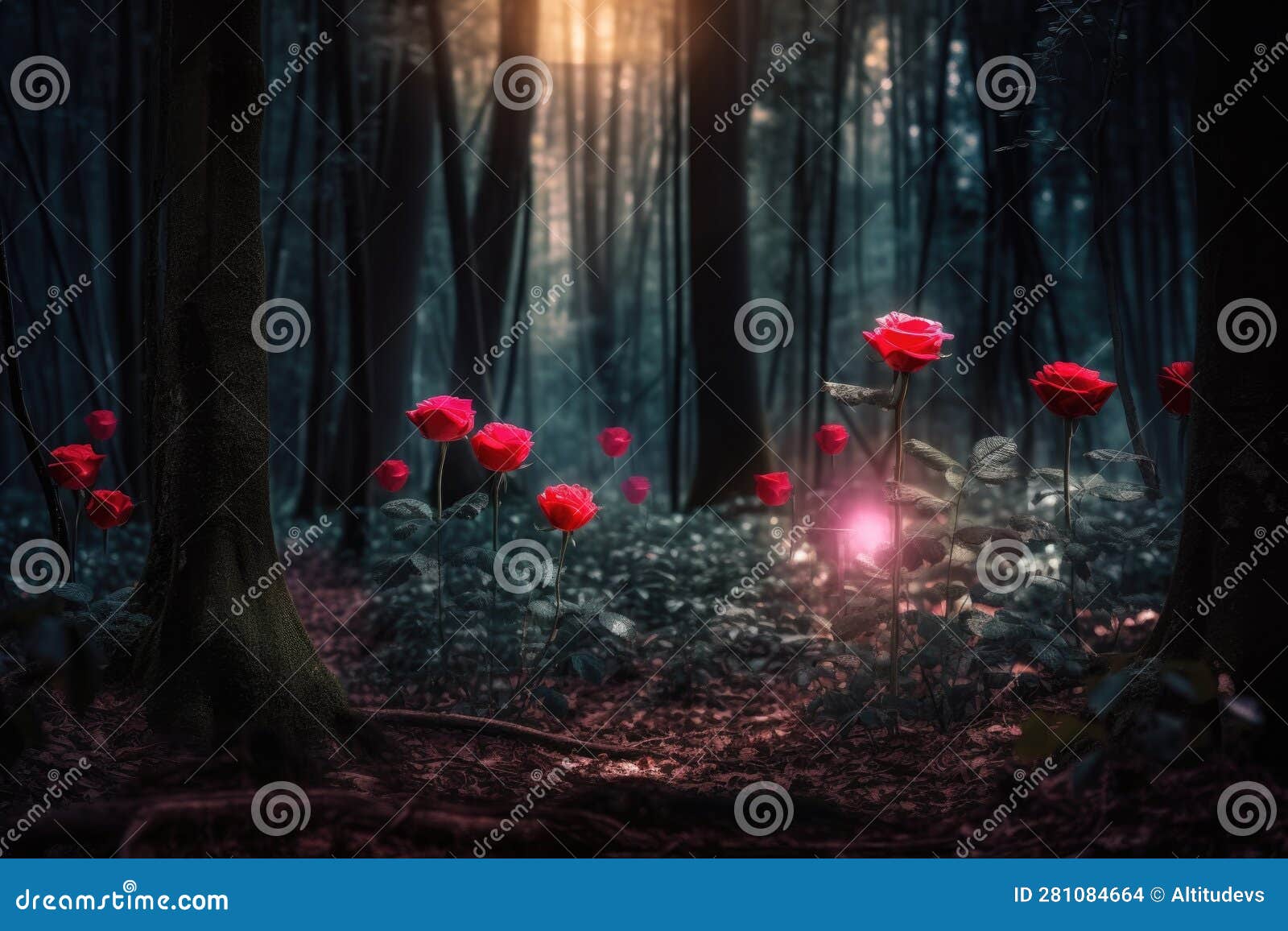 Magical Forest with Red Roses and Magic Wand Stock Photo - Image of ...
