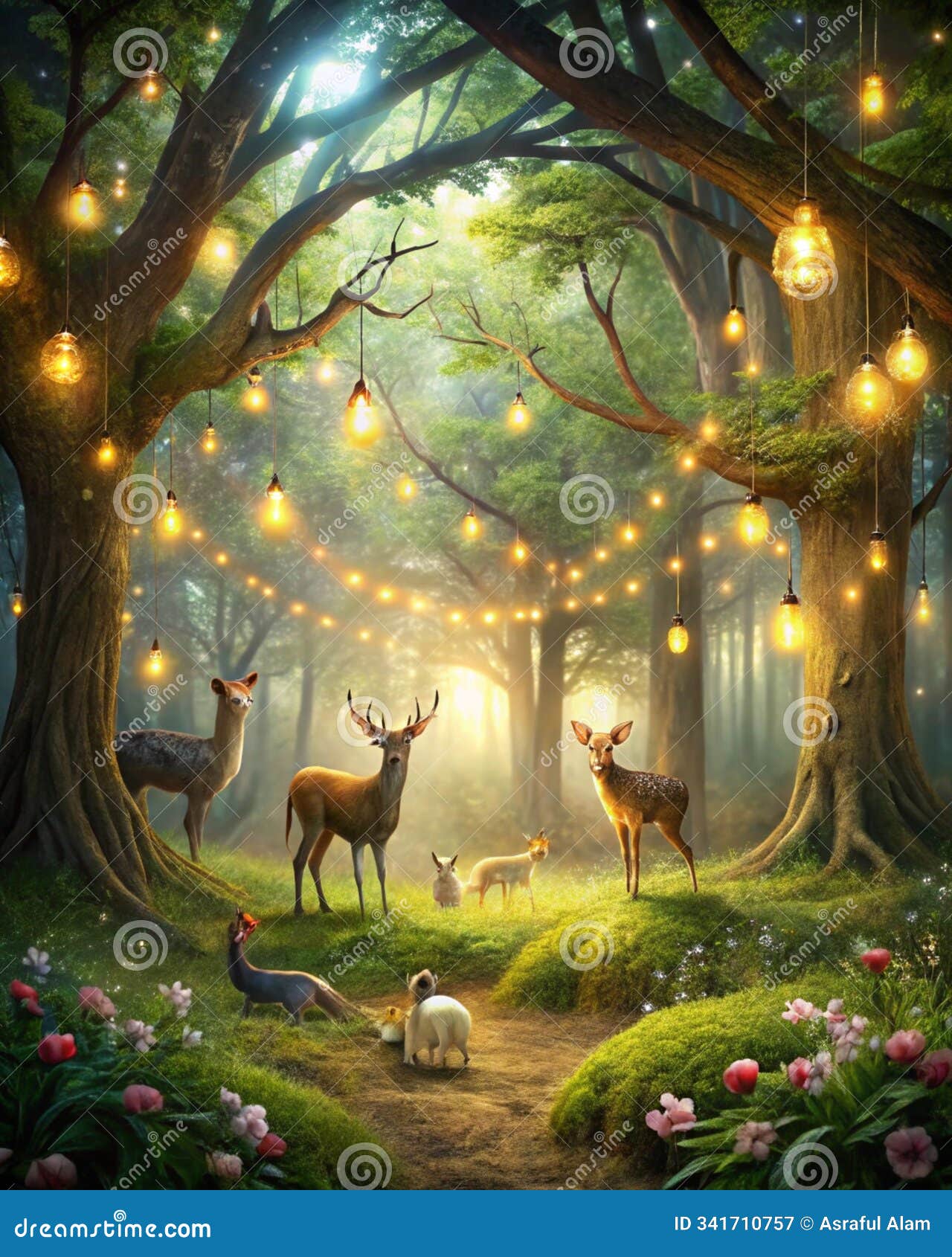Magical Forest Scene with Fairy Lights and Enchanted Animals Stock ...