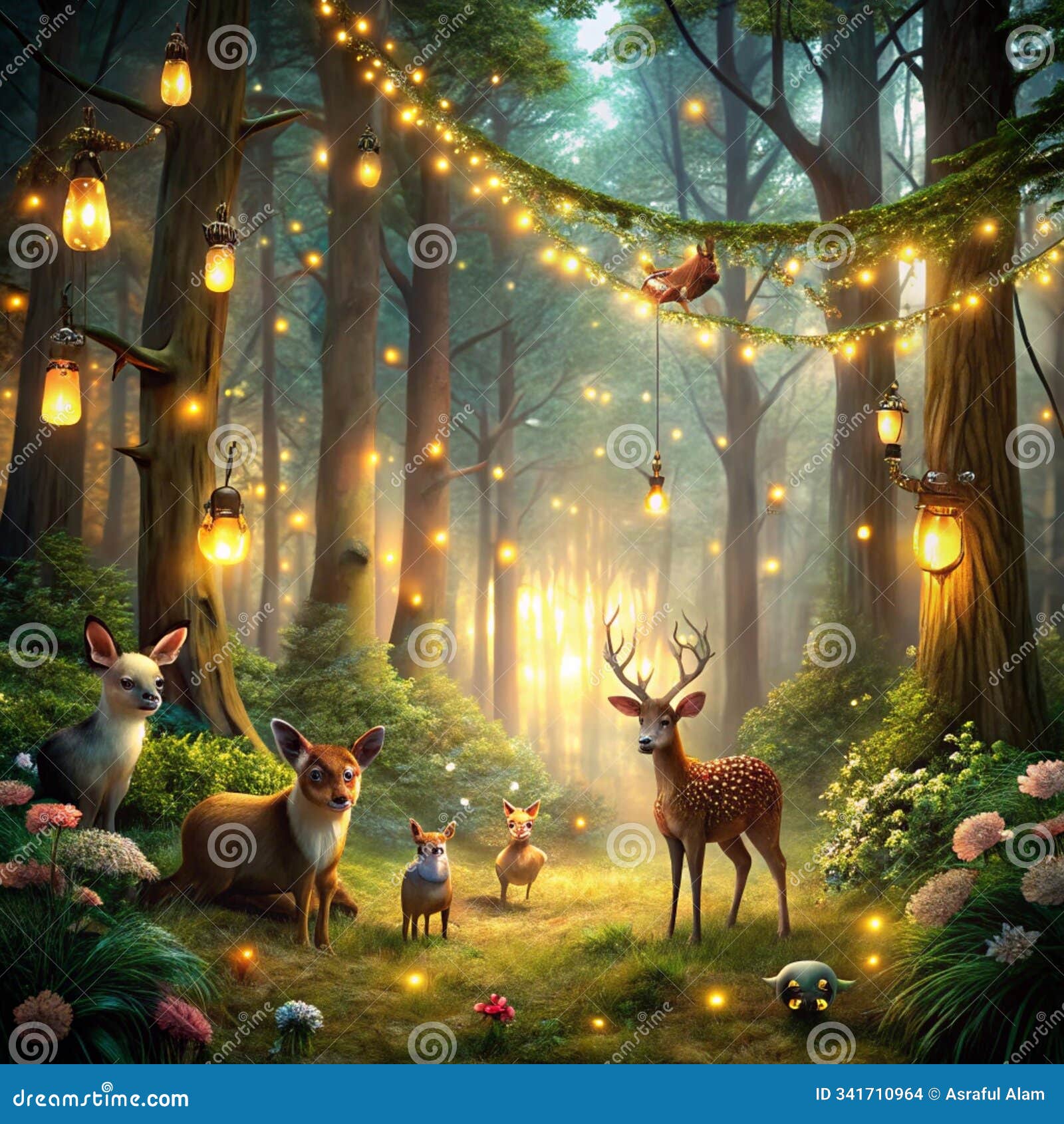Magical Forest Scene with Fairy Lights and Enchanted Animals Stock ...