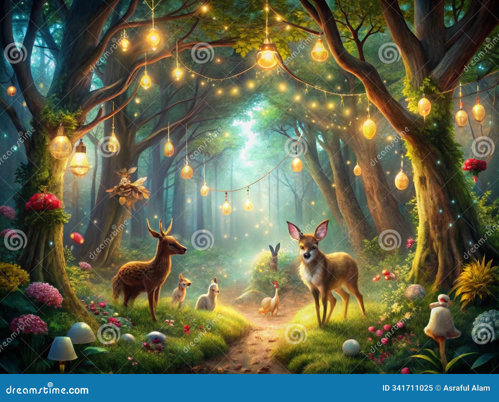 Magical Forest Scene with Fairy Lights and Enchanted Animals Stock ...
