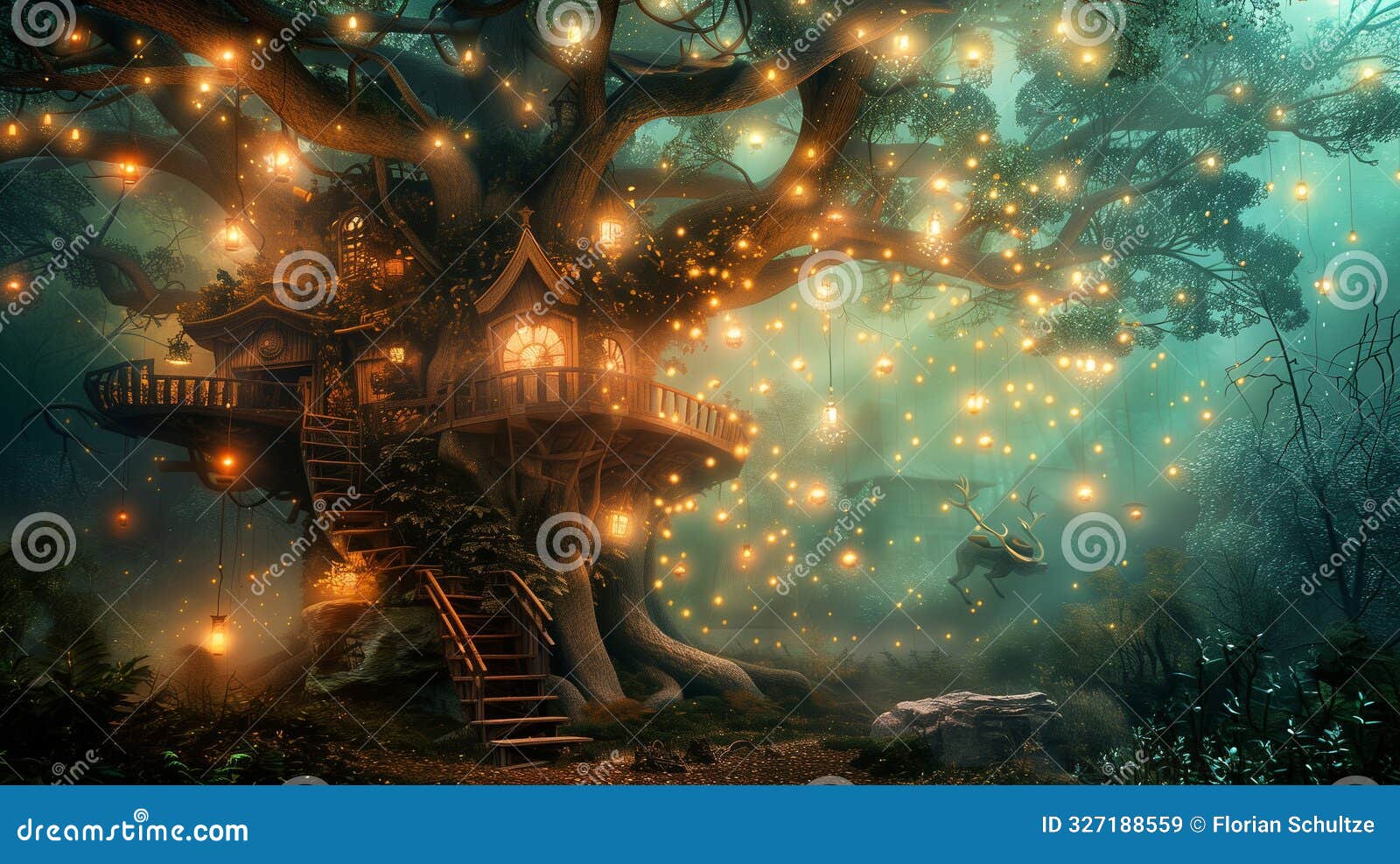 Magical Forest Scene with Floating Lights on an Old Tree Stock ...