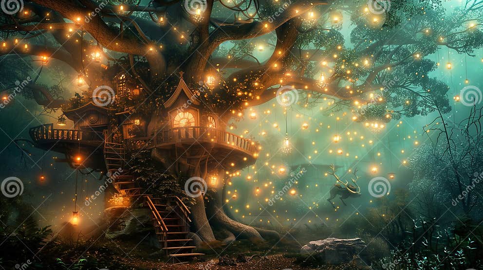 Magical Forest Scene with Floating Lights on an Old Tree Stock ...