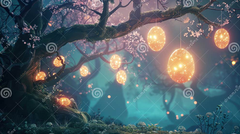 Mystical Easter Forest with Glowing Egg Lanterns Under Moonlit Night ...