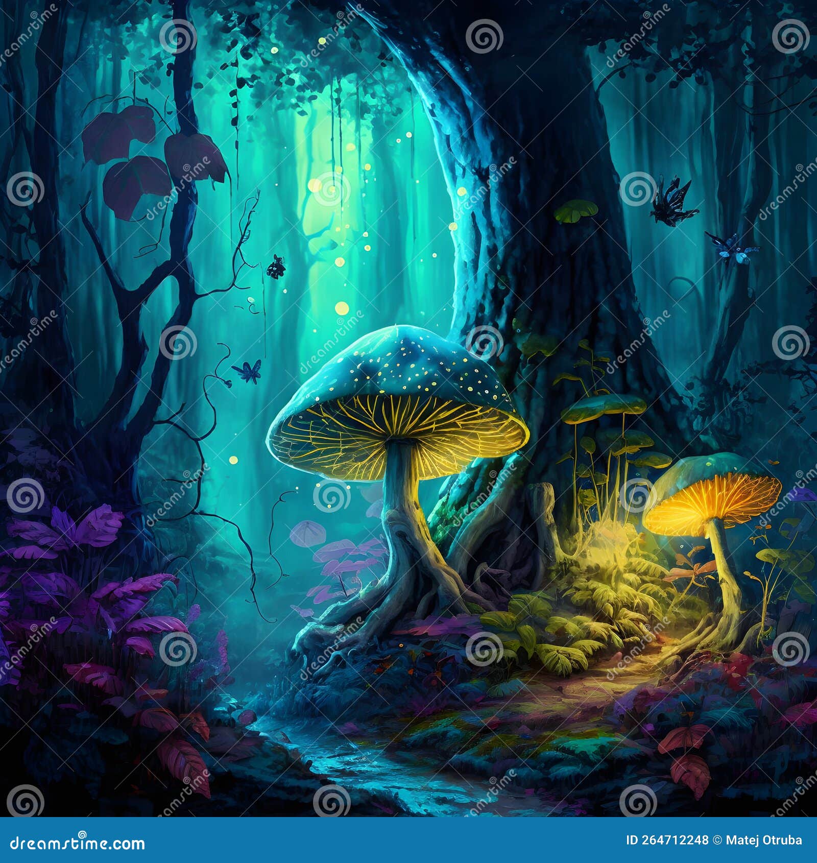 Magical Forest with Toadstools, Concept Art Illustration Stock ...