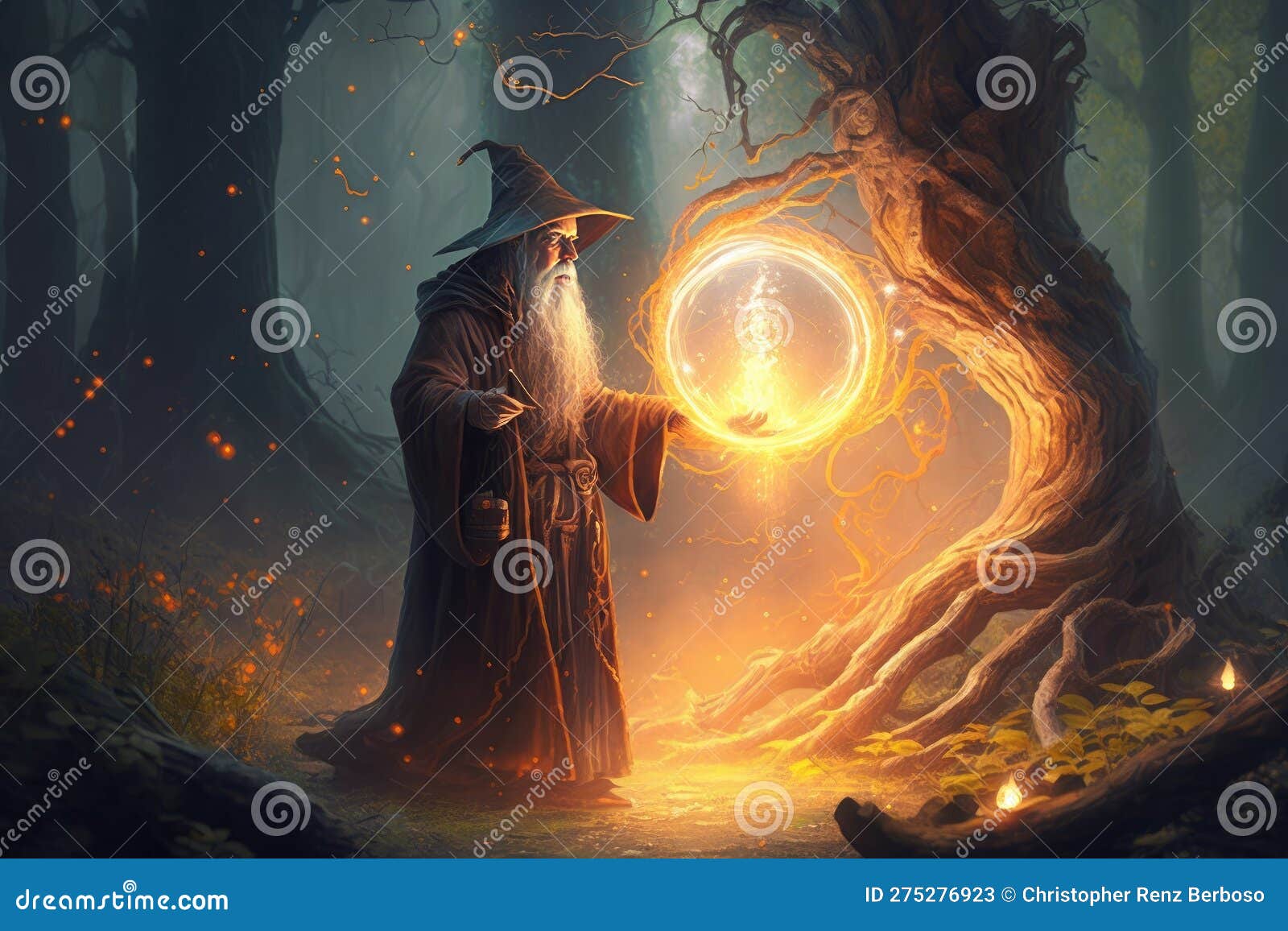 Wizard Casts A Fire Spell, Vector Cartoon Stick Figure Illustration ...