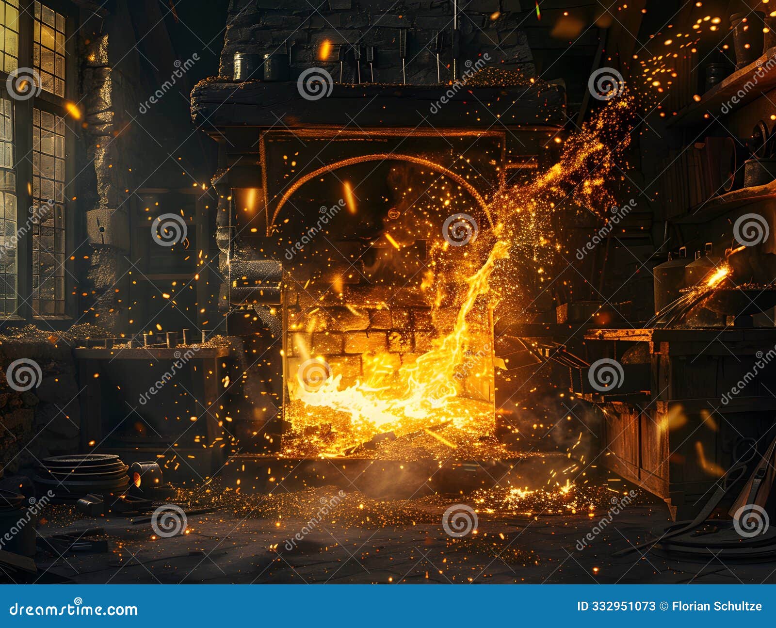 Magical Forge with Living Fire and Sparkling Metal Stock Illustration ...