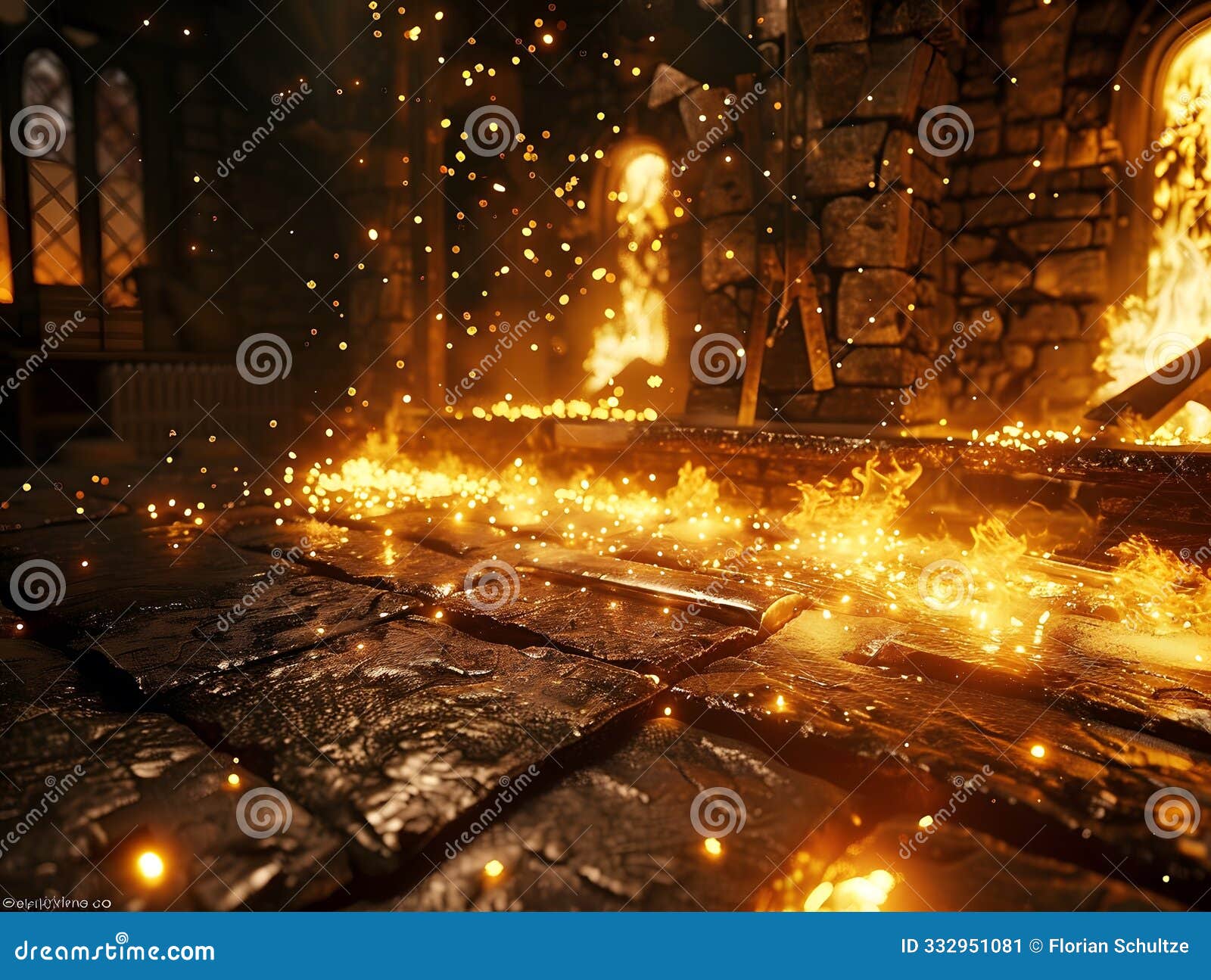 Magical Forge with Living Fire and Sparkling Metal Stock Illustration ...