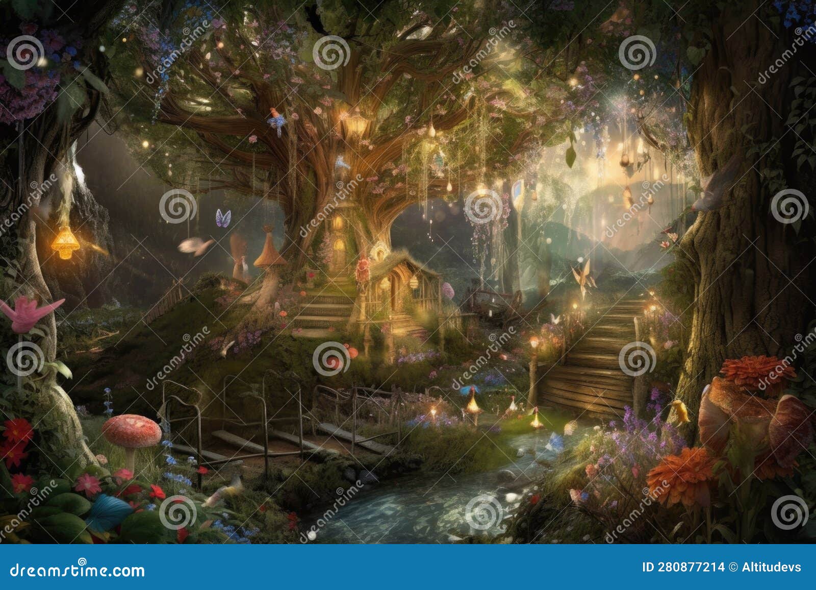 Magical Garden, with Fairies and Elves in the Trees, Casting Spells and ...