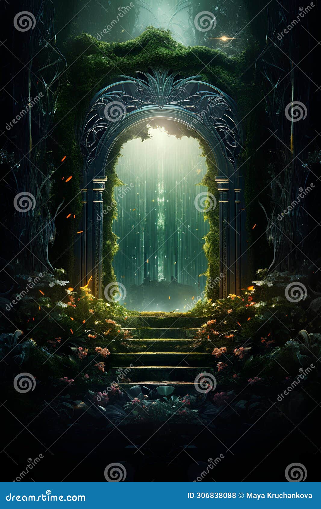 Magical Gates in Dark Forest Covered in Moss Stock Illustration ...