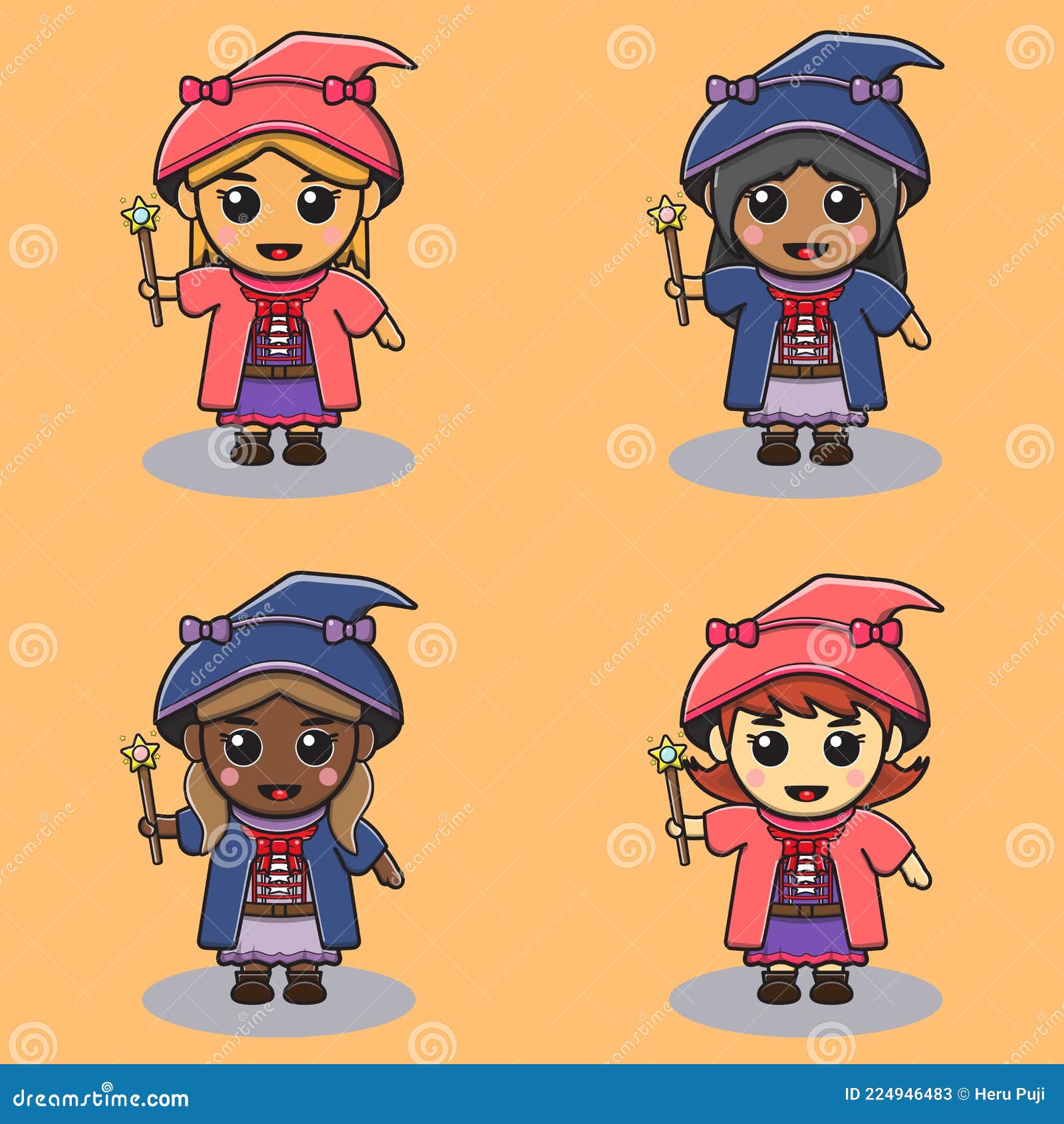 Vector Illustration of Cute Mystical Girls with Magic Wand. Stock ...