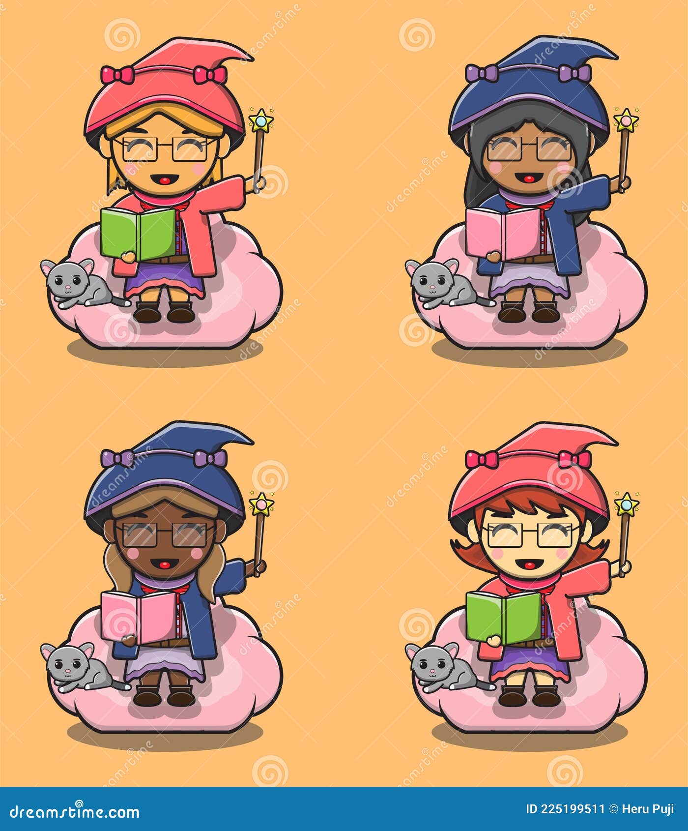Vector Illustration of Mystical Girls Sitting on Magic Cloud Reading ...