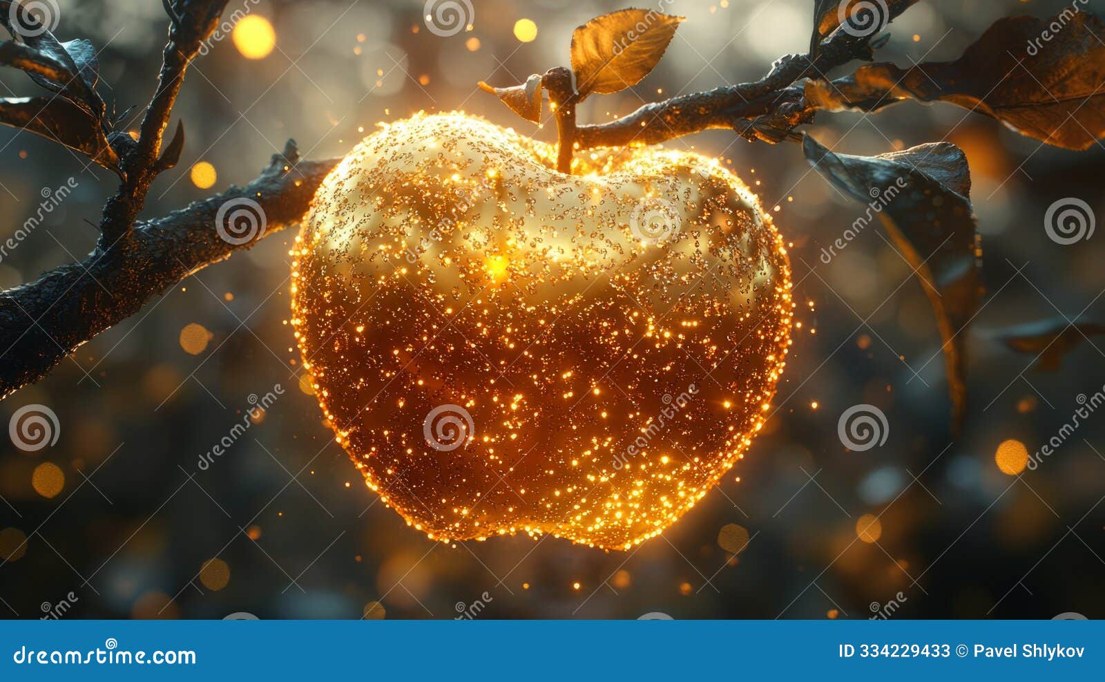Magical Glowing Golden Apple on a Tree Branch Stock Image - Image of ...