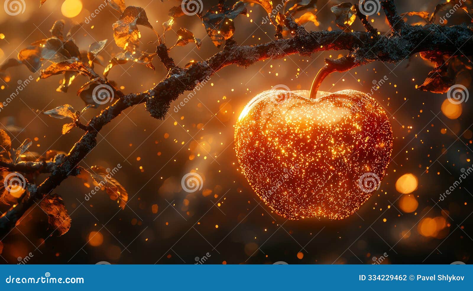 Magical Glowing Golden Apple on a Tree Branch Stock Photo - Image of ...