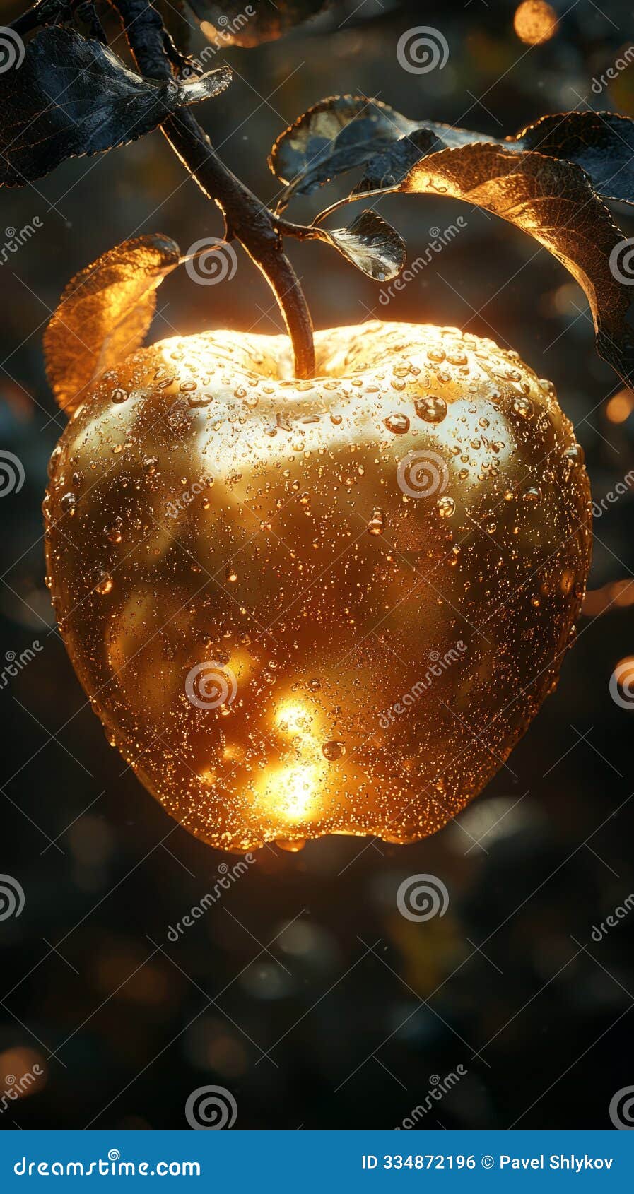 Magical Glowing Golden Apple on a Tree Branch Stock Photo - Image of ...