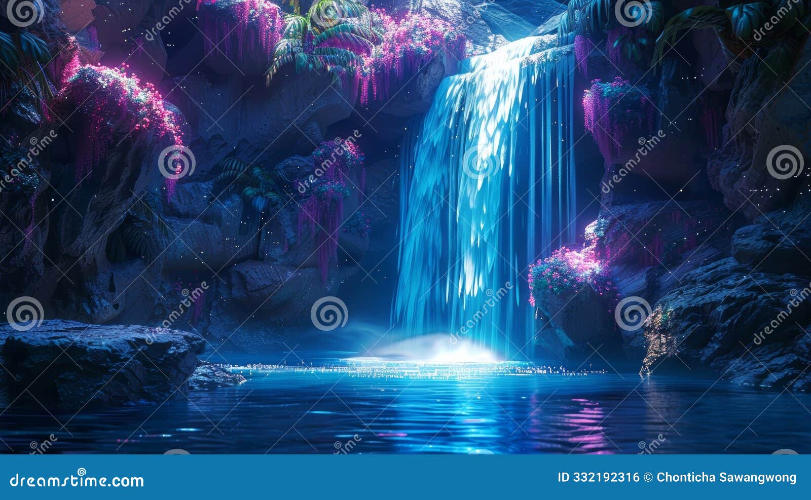 Glowing Waterfall At Night Illustration Royalty-Free Stock Image ...