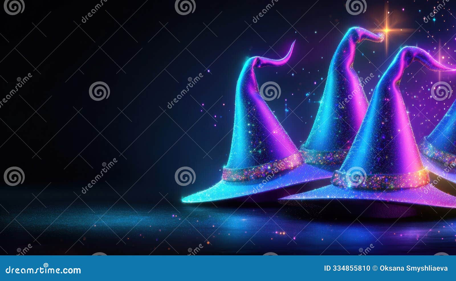 Magical Glowing Wizard Hats in Mystical Darkness Stock Photo - Image of ...