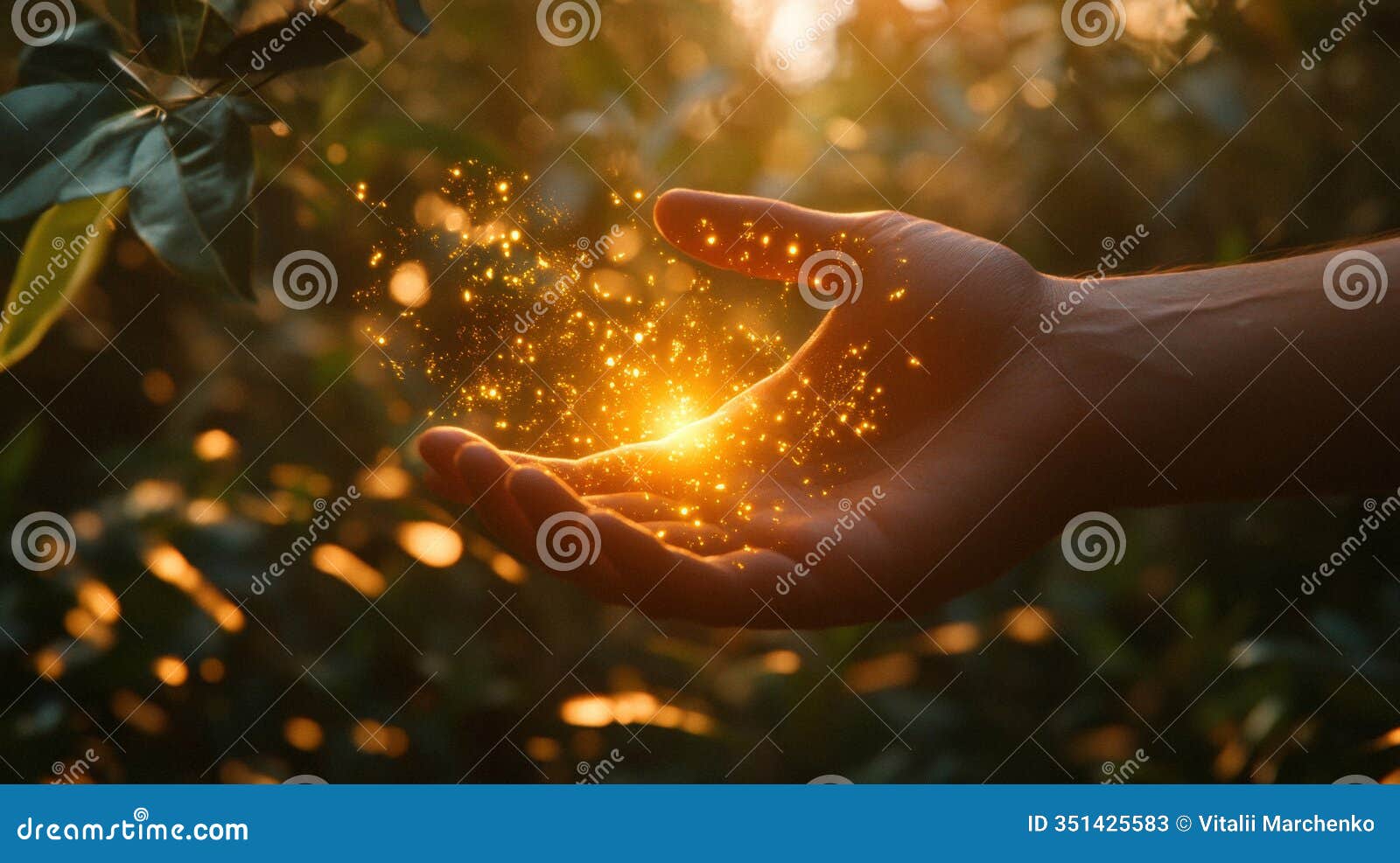 Magical Golden Light Sparkling in Open Hand in Nature Setting Stock ...