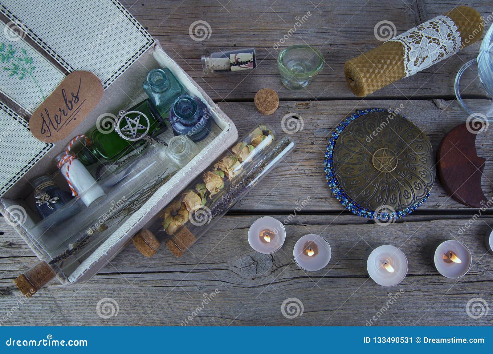 Magical Instruments and Ingredients on the Table Stock Image - Image of ...