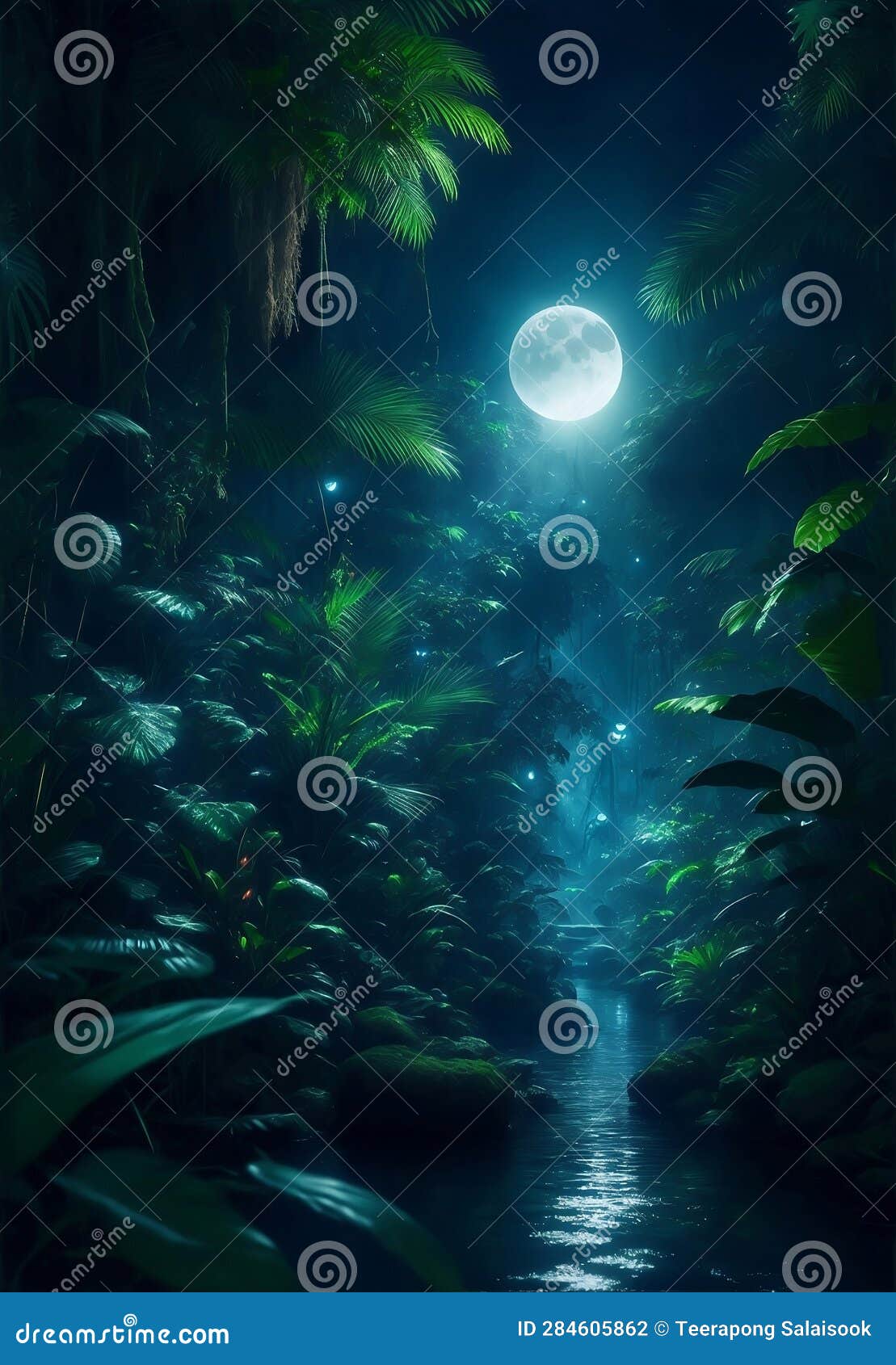 The Magical Jungle with Moonlight, Generative AI Illustration Stock ...