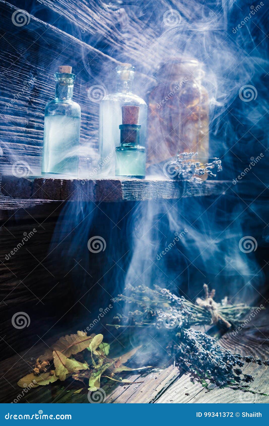 Magical Lab with Blue Light and Potion for Halloween Stock Photo ...
