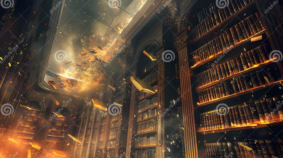 Magical Library with Flying Books and Glowing Scrolls Stock ...