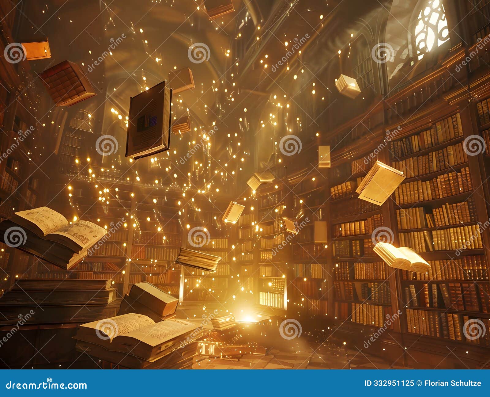 Magical Library with Flying Books and Glowing Scrolls Stock ...