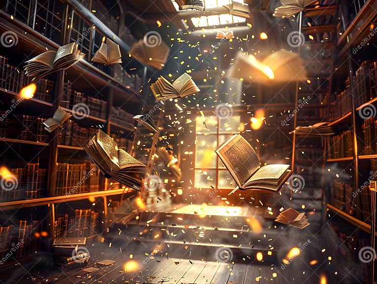 Magical Library with Flying Books and Glowing Scrolls Stock ...
