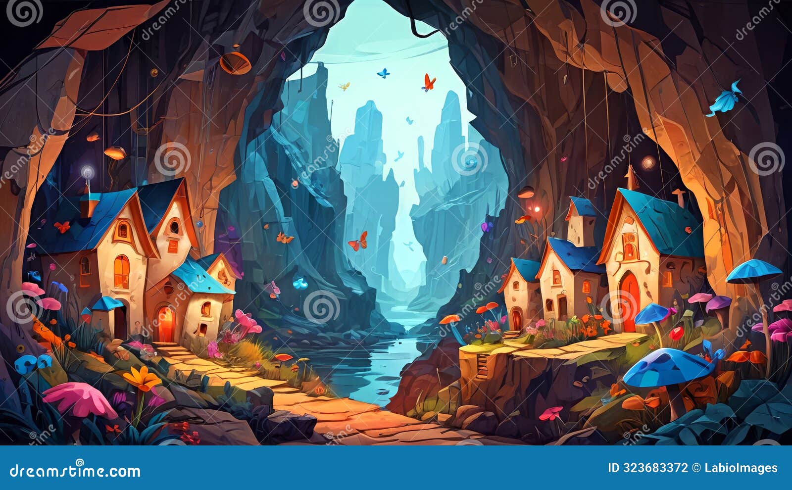 A Magical Mushroom City Inside a Cave Stock Illustration - Illustration ...