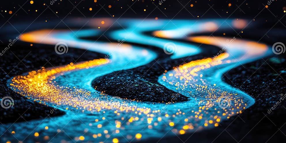 Magical Neon Pathway with Glowing Particles on Dark Background Stock ...