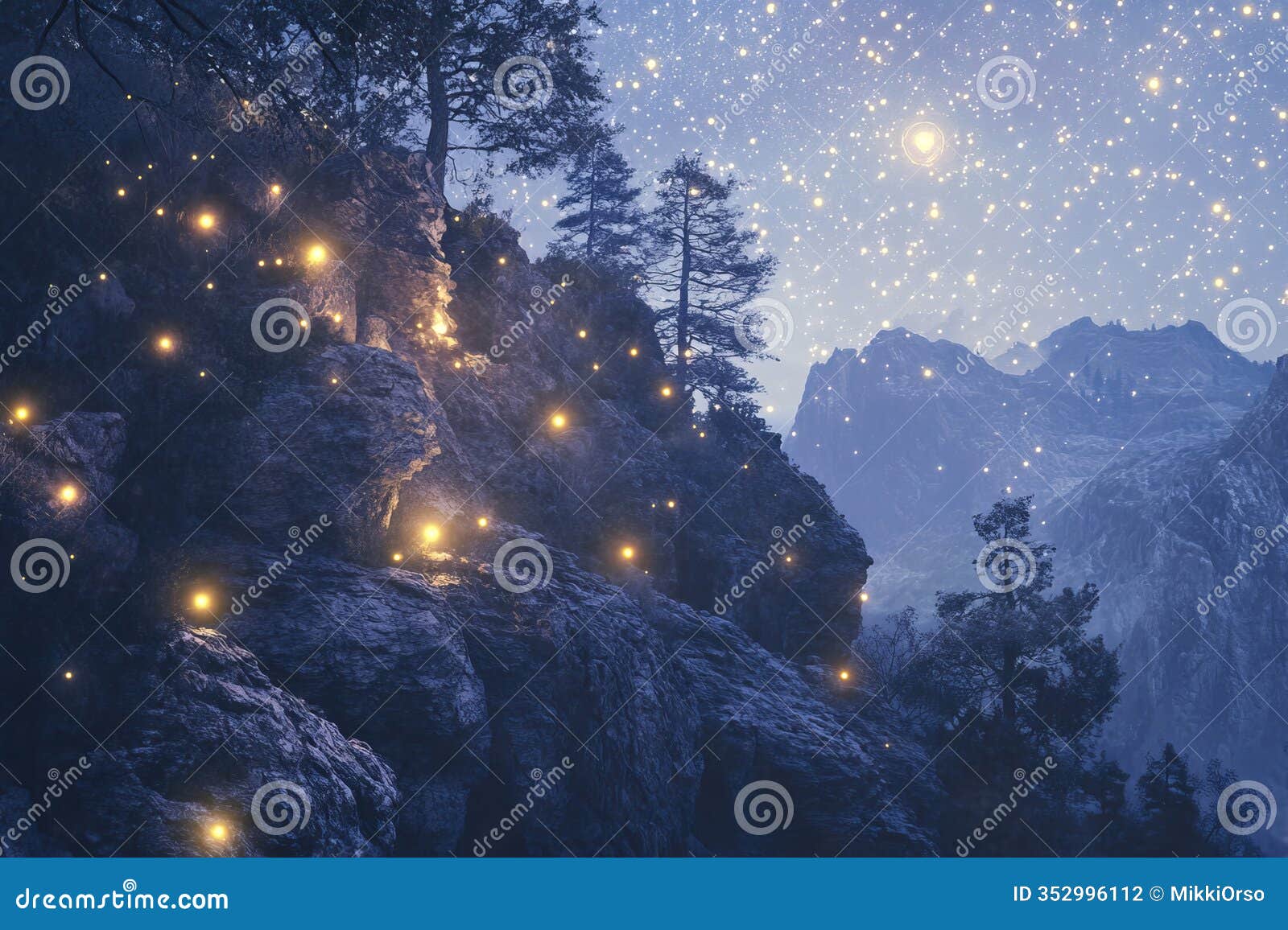 Magical Night. Glowing Fireflies Light Up a Forest Path in the ...