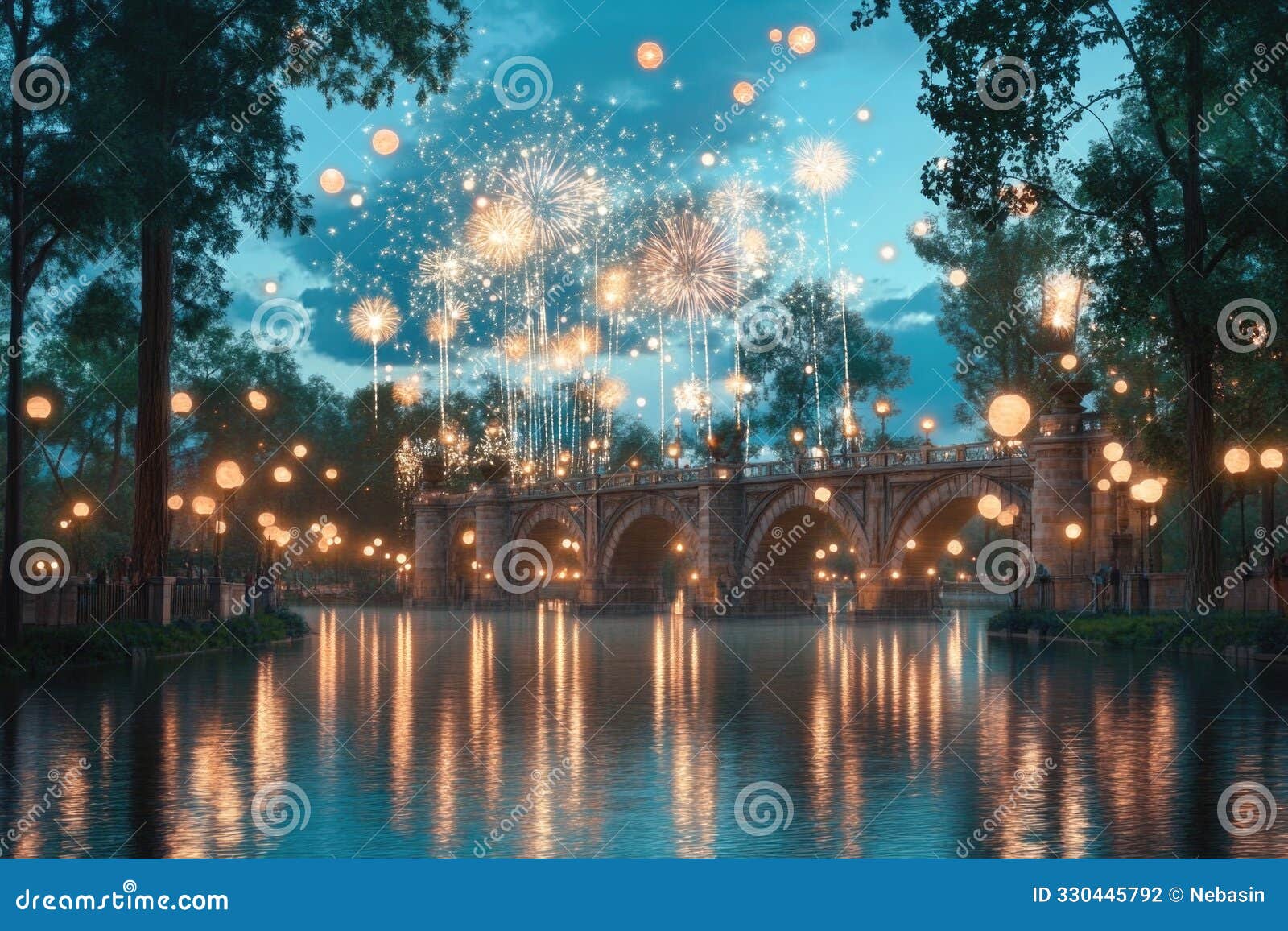 Magical Night Scene of Fireworks Over a Winding River with Illuminated ...