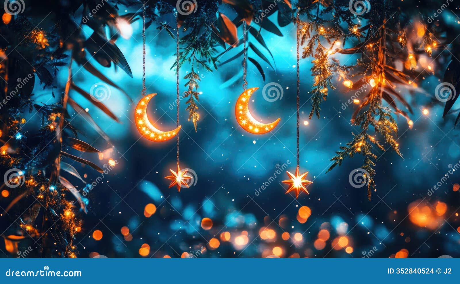 Magical Night Scene with Glowing Crescent Moons and Stars in a Mystical ...